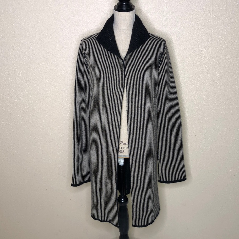 Cocogio Black/Beige Stripped Long Cardigan Sweater - Gem